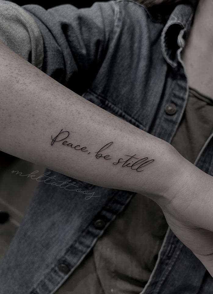 Lettering and Script, Linework tattoo by Mel Lockett